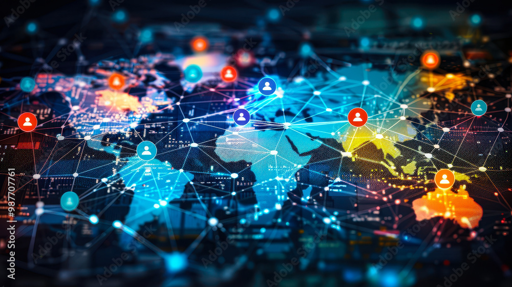 Global Social Media Network Visualization with User Icons Connecting ...