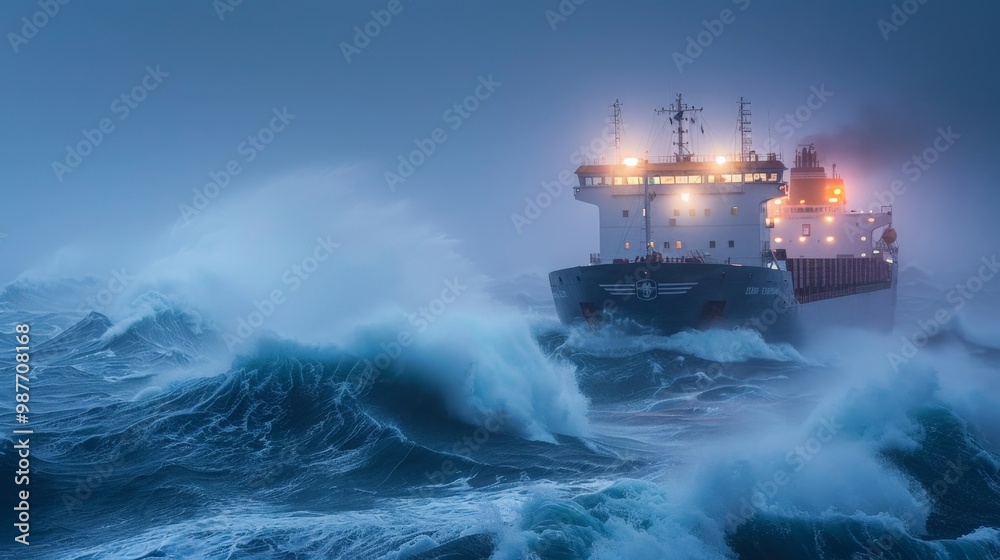Container ship navigating through towering waves during a fierce ocean ...
