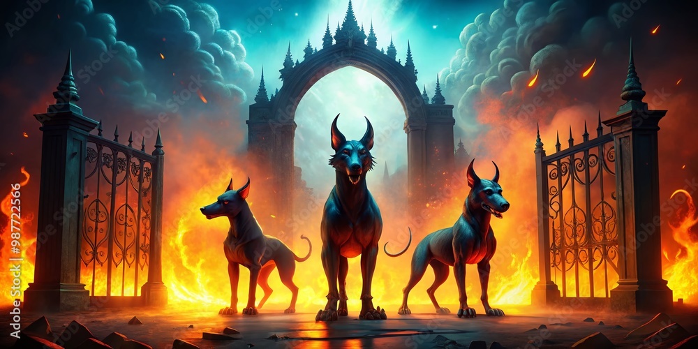 Mythical three-headed dog guarding the gates of Hades in an atmospheric ...