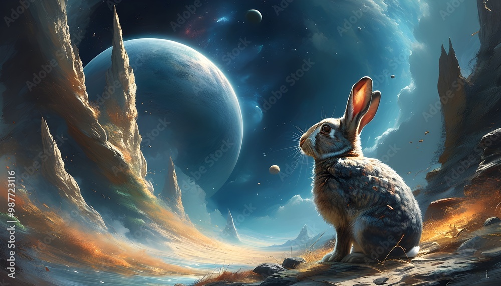 Celestial Rabbit Planet Surrounded by Cosmic Wonders Stock Illustration ...