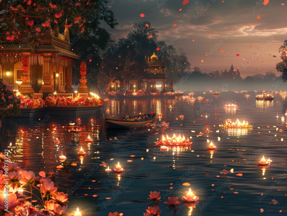 banner background of Navratri Day [A tranquil scene of a riverbank ...