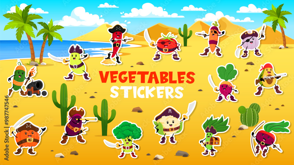 Cartoon vegetables pirate and corsair characters on island beach ...
