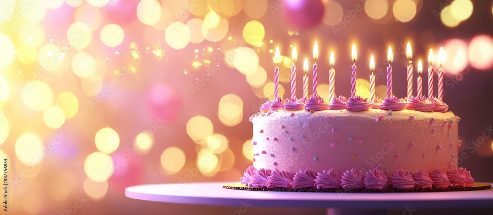 Realistic birthday party setup with a cake and candles, featuring a ...