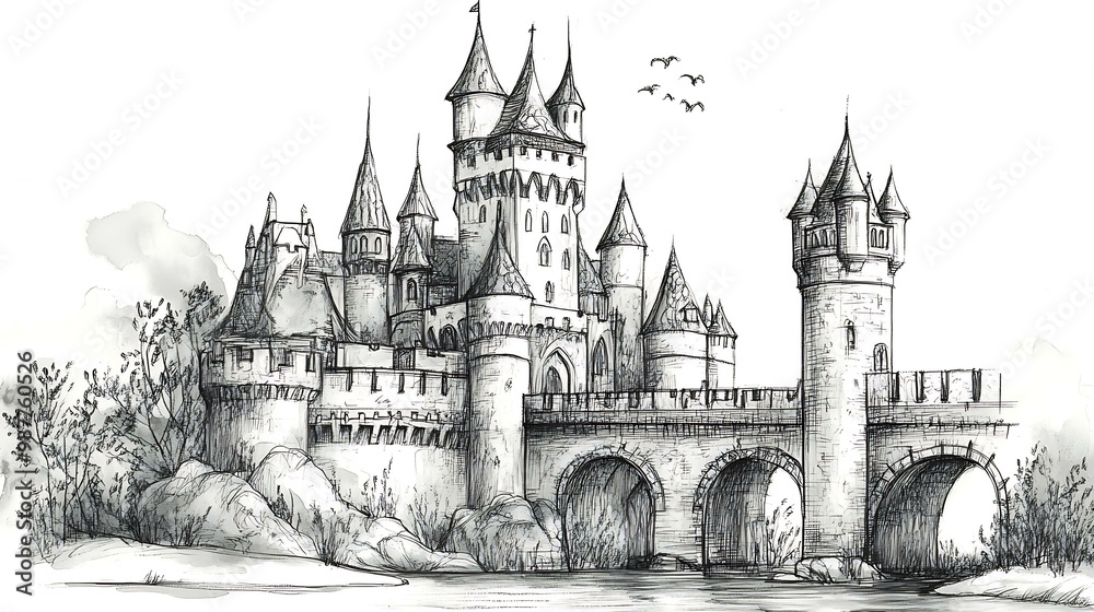 A detailed pencil drawing of a grand medieval castle with multiple ...