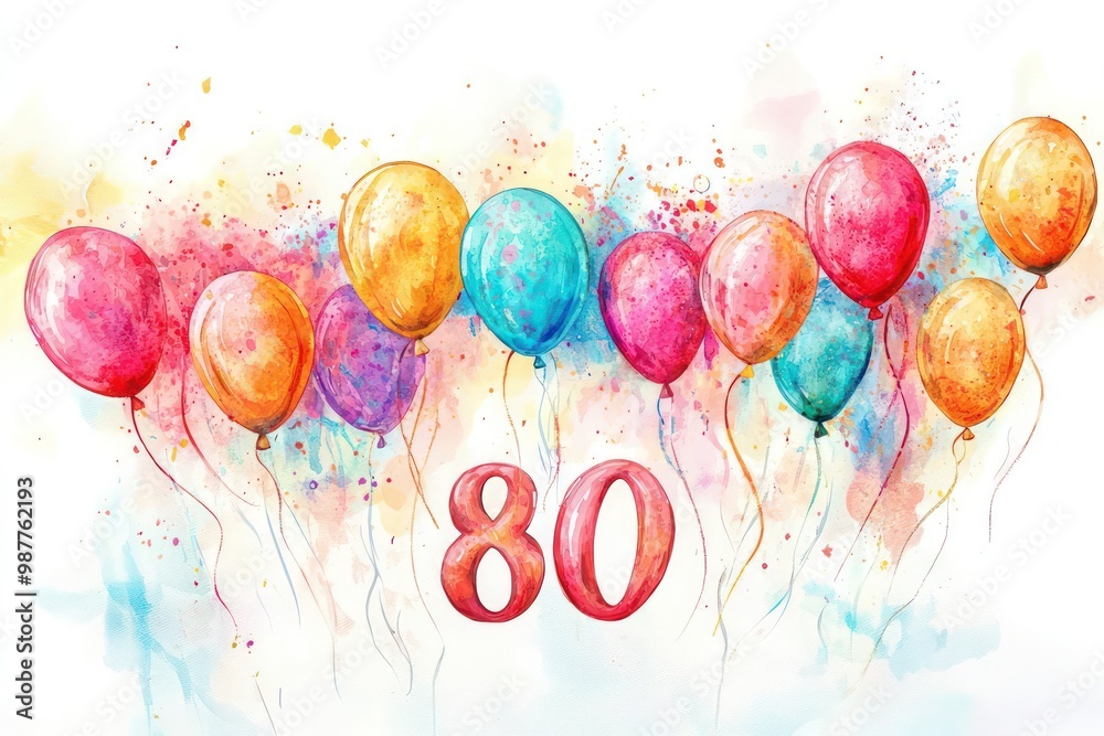 Watercolor 80th birthday clip art with balloons and the number 80 Stock ...