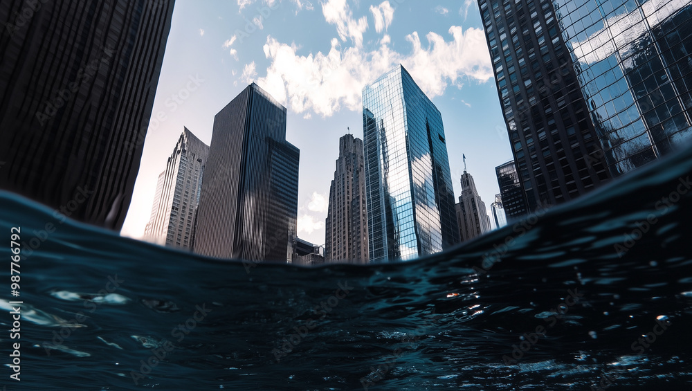 sea level rise floods a modern major city - a half submerged camera ...