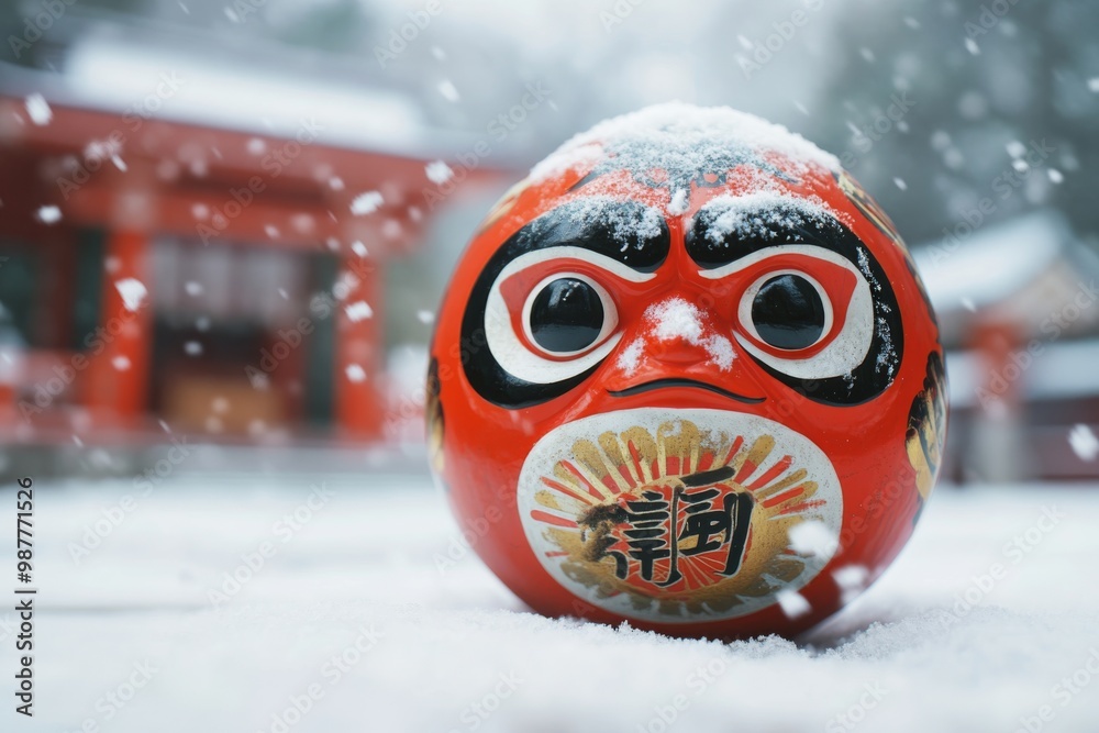 a detailed close-up of a japanese daruma doll with traditional markings ...