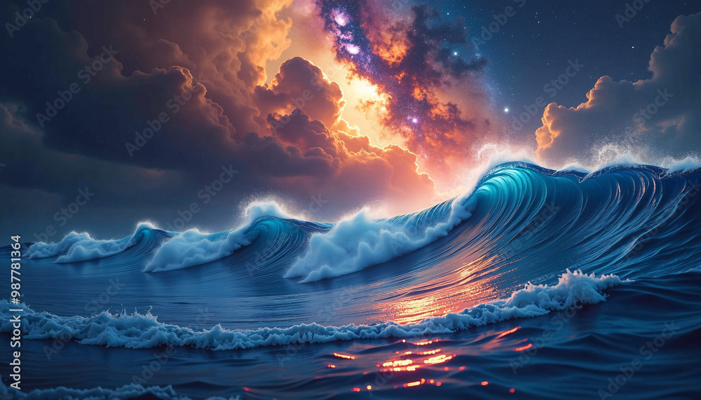 Generate an image of a cosmic ocean, where waves of light ripple across ...