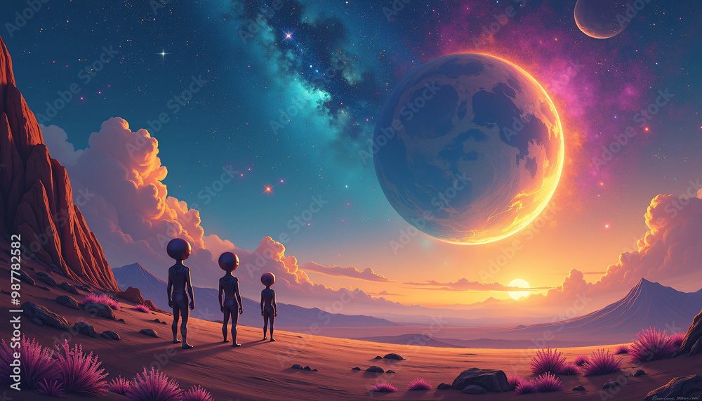 Visualize a cosmic festival celebrated by alien beings on a colorful ...