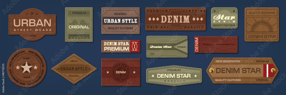 Denim jeans leather labels and patches. Isolated vector set of stylish ...