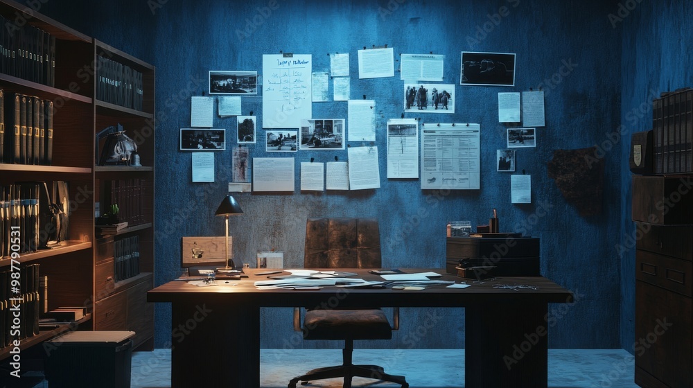 Evidence room office with detective board and desk, crime scene photos ...