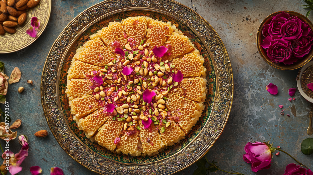 Crispy, circular Ghevar with a honeycomb texture and garnished with ...
