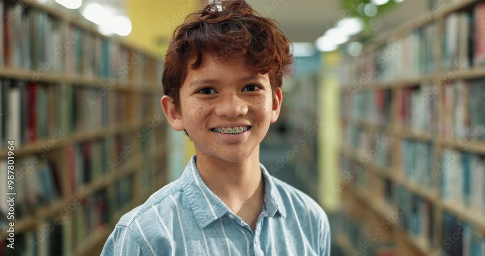 Braces, education and face of boy in library for child development ...