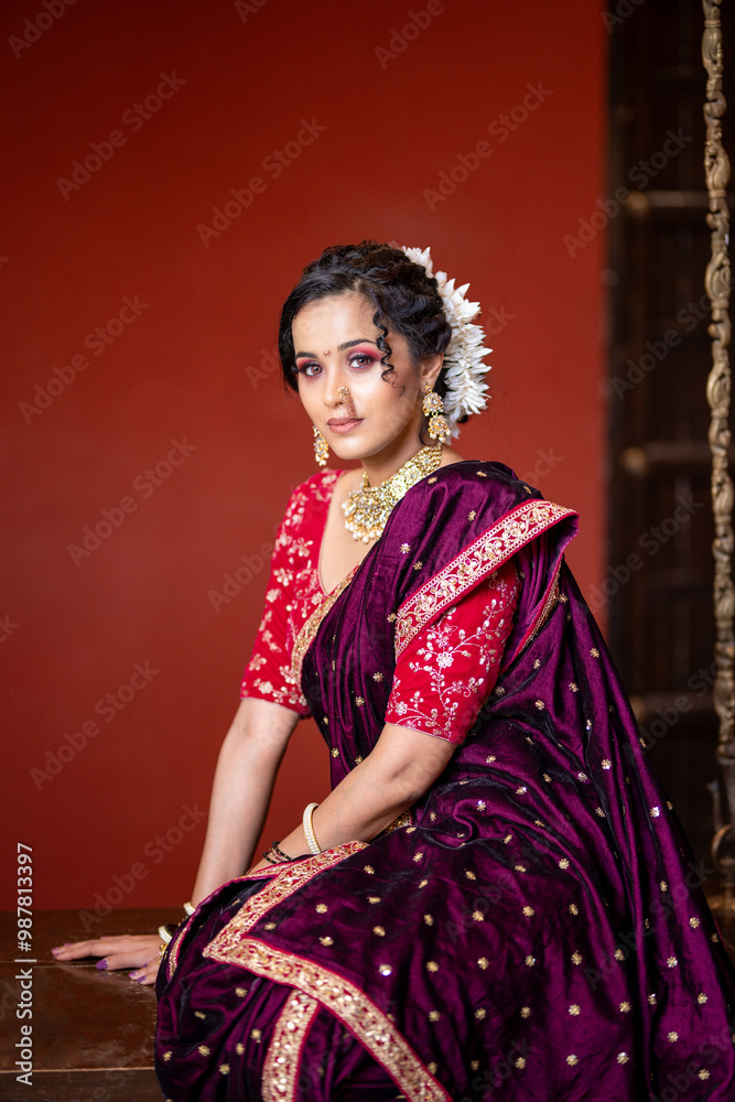 Marathi Woman in Traditional Nauvari Saree Enjoying a Graceful Moment ...