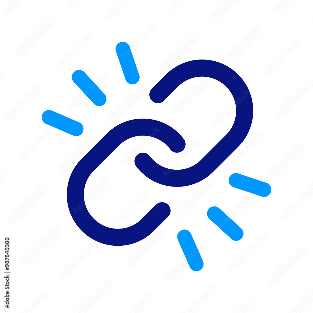 Link icon with broken blue chain and light rays, representing a broken ...