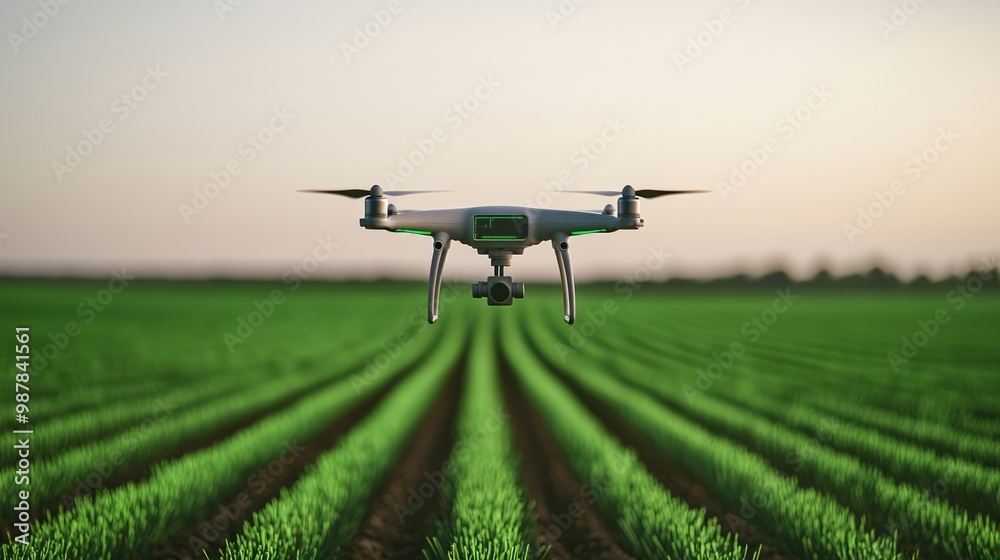 Drone hovering above a farm field, scanning soil health with advanced ...