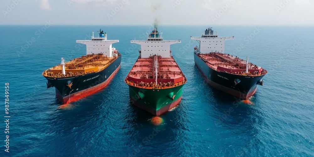 Three large cargo ships are anchored on calm blue waters, showcasing ...