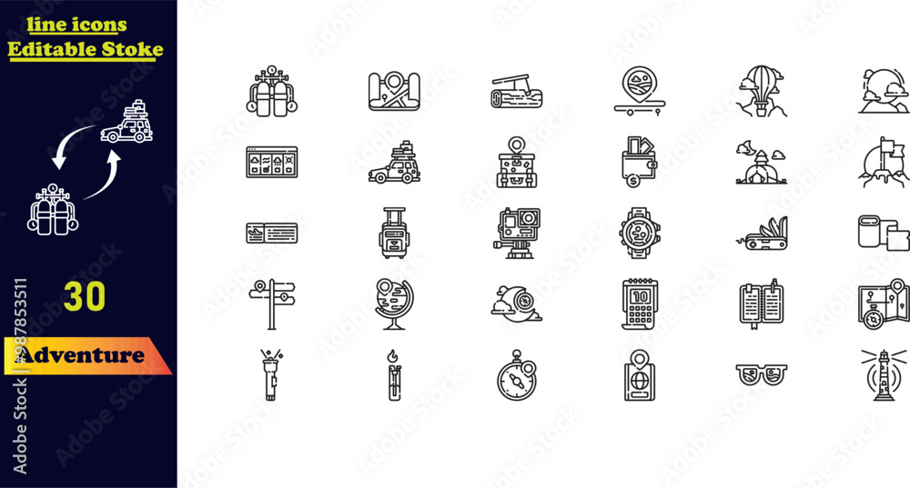 Adventure outline icon set featuring icons for hiking, campfires ...
