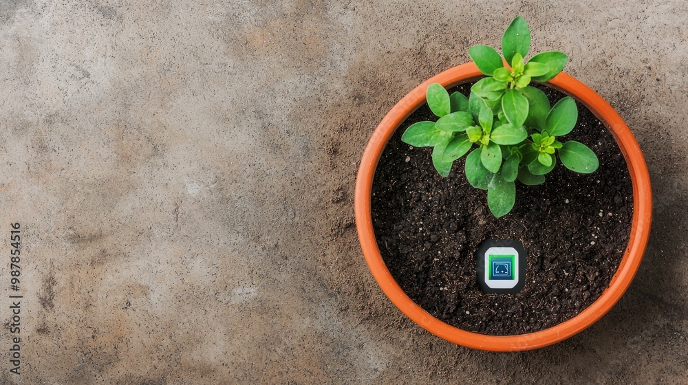 Overhead shot of a small garden with soil sensors embedded in the ...