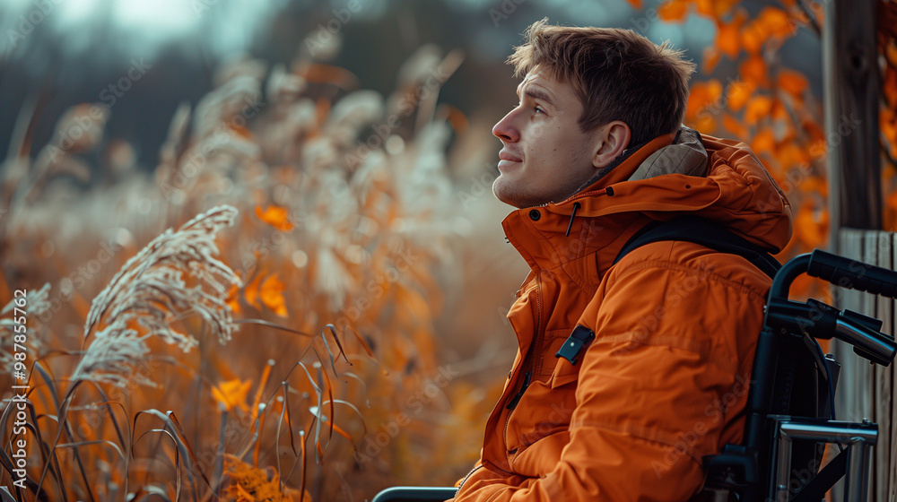 Side profile of a disabled person in the field wearing a waterproof ...