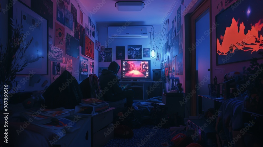 apartment room pictured through the building from the side, dark very ...