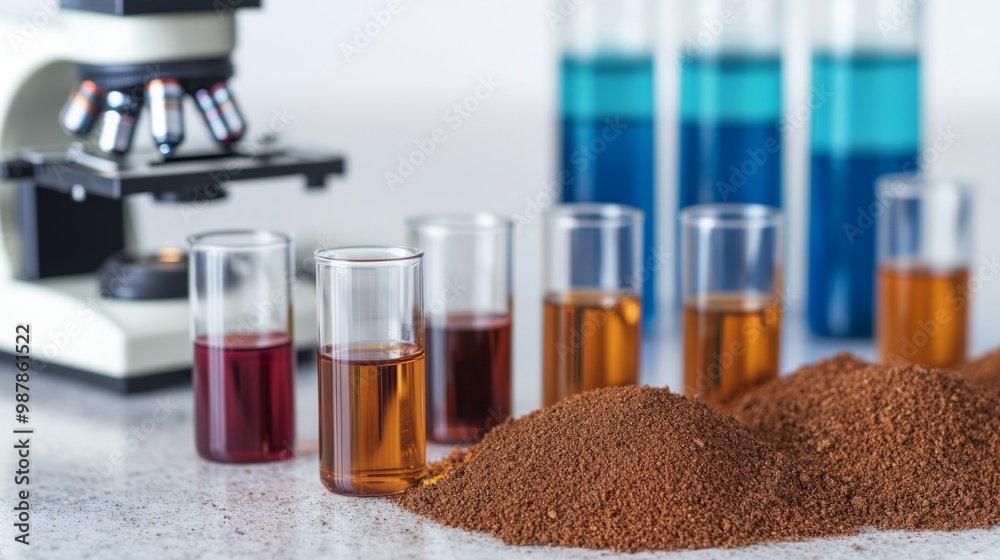 Soil analysis lab with test tubes, microscope, and soil samples spread ...
