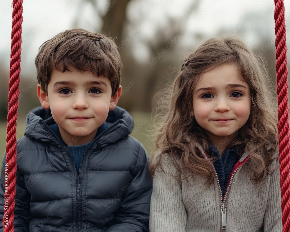 Portrait of Two Children Sitting Side by Side on a Swing in a Park ...