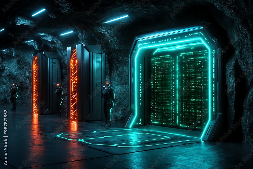 Advanced sci-fi underground prison, with laser barriers, glowing force ...