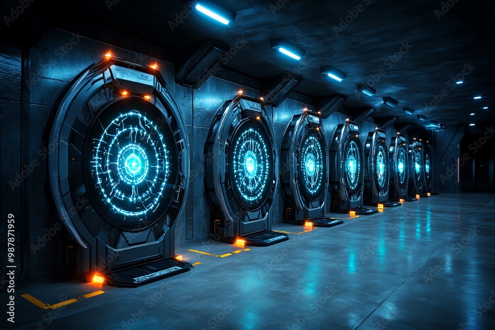 Advanced sci-fi underground prison, with laser barriers, glowing force ...