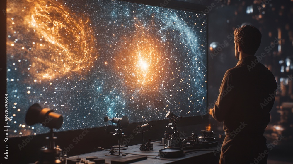 An astrophysicist studying star patterns in a space observatory, with ...
