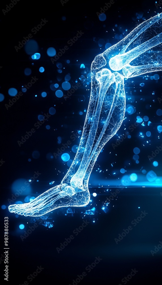 Futuristic representation of a human leg in a glowing digital design ...