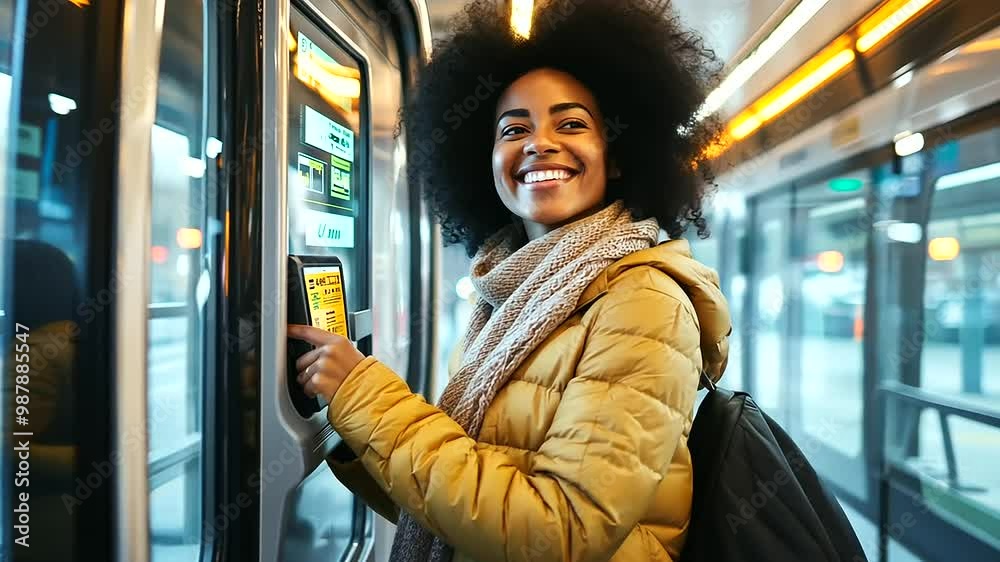 smiling female passenger interacting with a ticket vending machine in ...