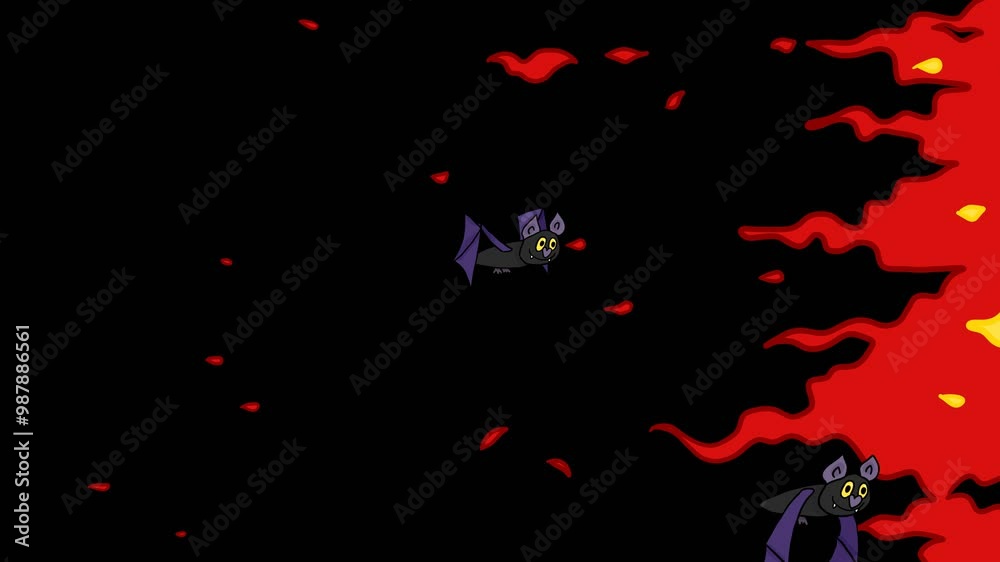 A hand-drawn 2d cartoon Halloween transition with fire bats and a witch ...