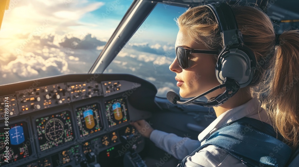 Flying a plane while wearing a headset with a microphone is a woman ...