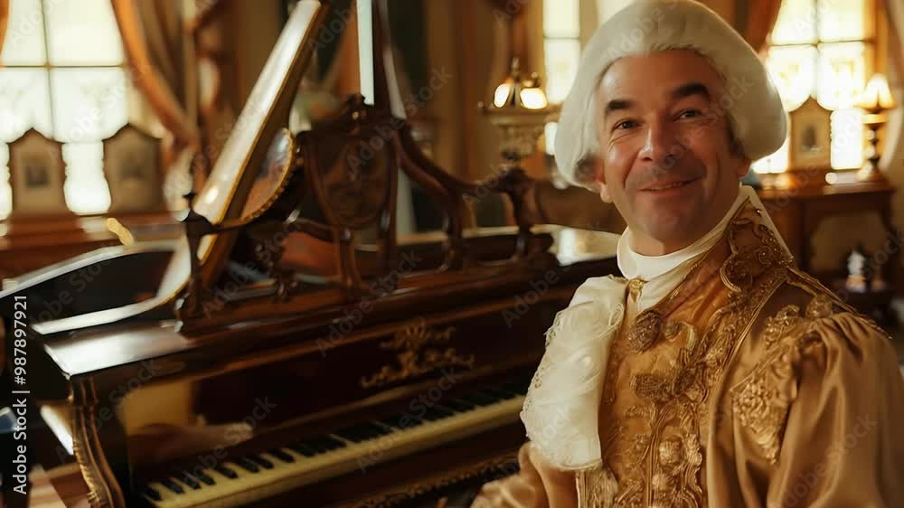 In an ornate room, a courtier with a white wig excitedly points to a ...