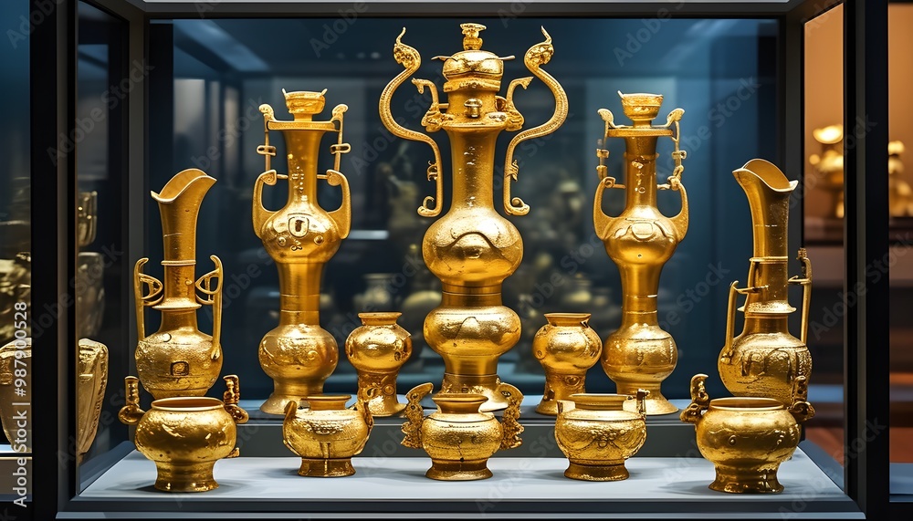 Exquisite ancient gold artifacts showcased in a museum exhibit Stock ...