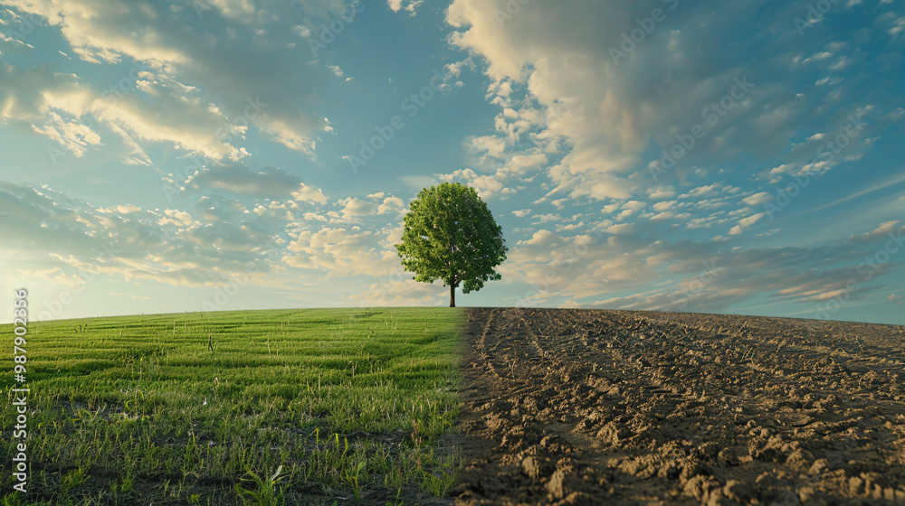 Calm field with dense vegetation on the left and barren earth on the ...