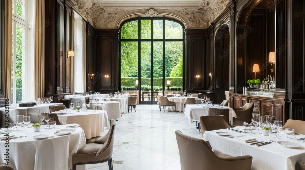The restaurant features polished marble floors and classic French ...