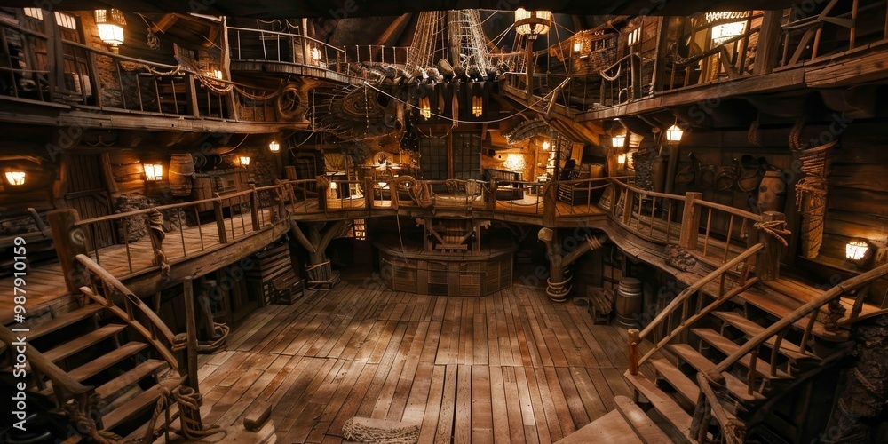 Interior view of an old wooden ship with detailed craftsmanship and ...
