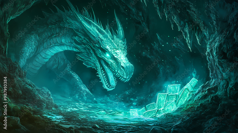 Dragon hoarding the emerald tablets in its treasure trove within a ...