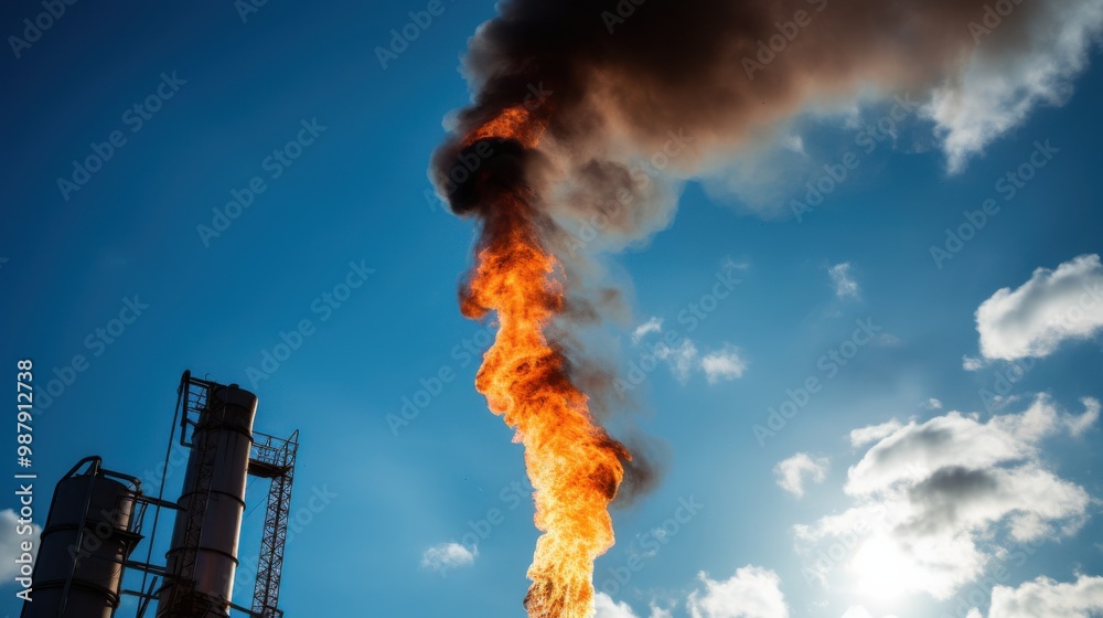Thick, dark smoke and bright flames erupt from an industrial chimney ...