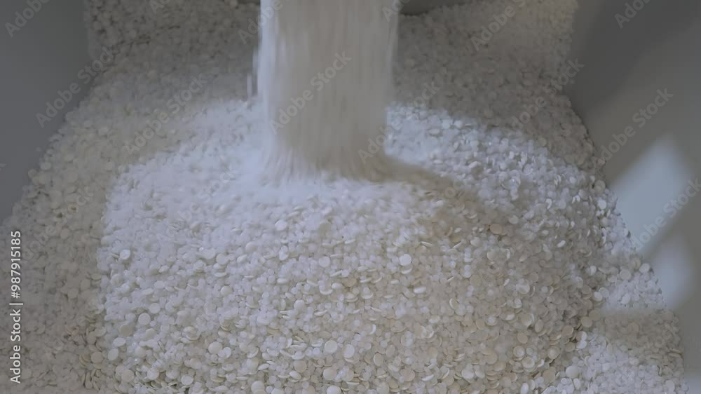 white recycled plastic granules, pellets are falling into a large pile ...