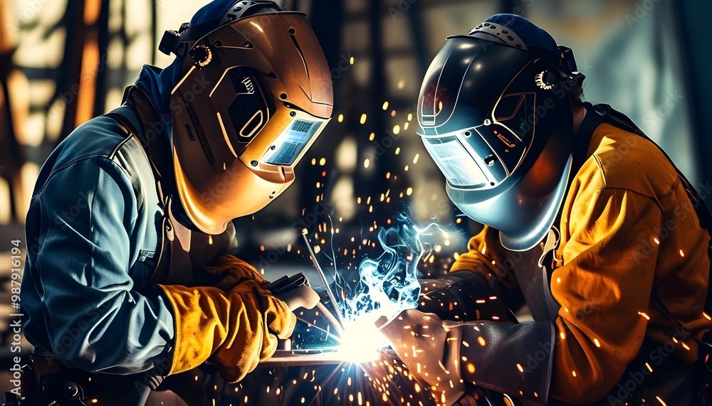 Skilled welder executing precise arc welding in an industrial setting ...