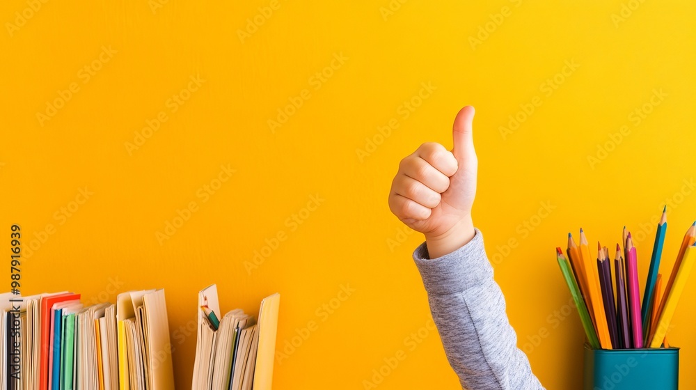 A child hand making a thumbs-up gesture in a classroom setting ...