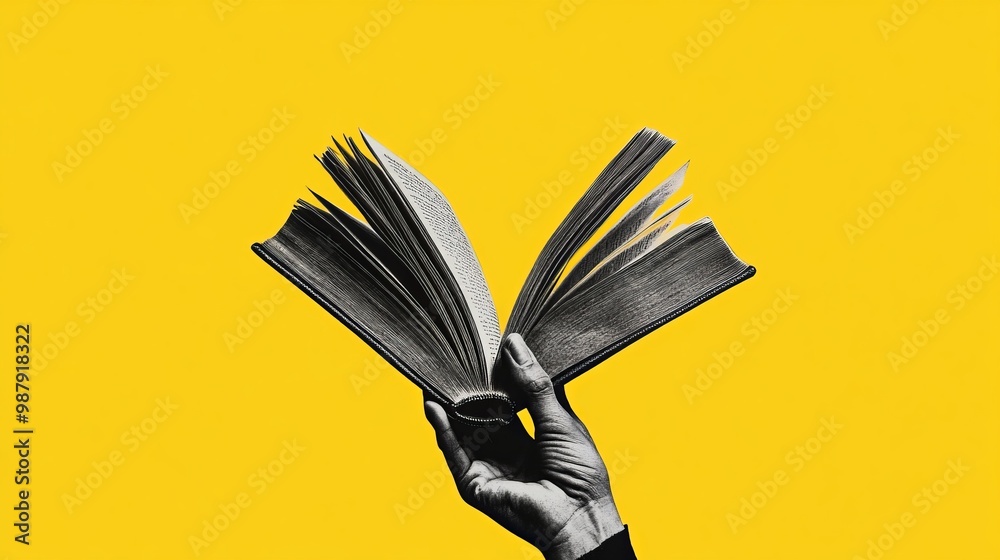 A human hand holds an open book over a yellow background, designed as a ...