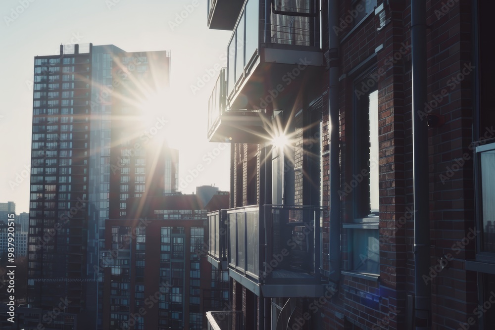 Sunlight beams through the balconies of modern urban apartments in the ...