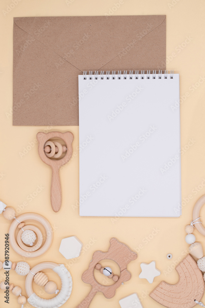 Vertical background for small child, blank white notepad on kraft paper ...