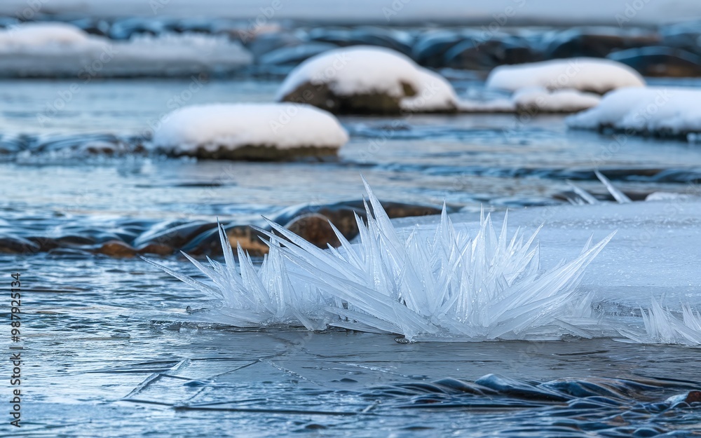 Ice crystals in the shape of sharp spikes, formed on a frozen river in ...