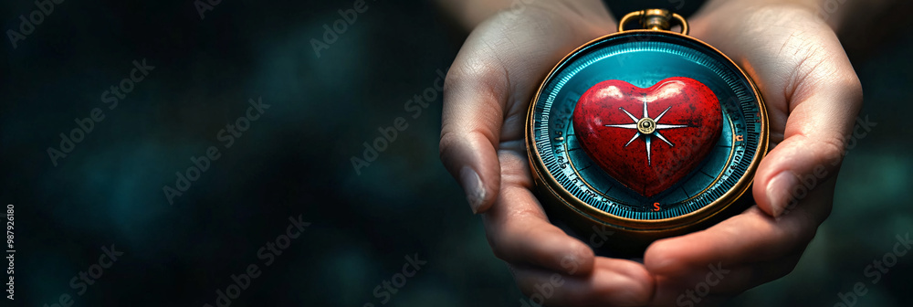 Heart. Human heart as a compass guiding through darkness. Dark ...