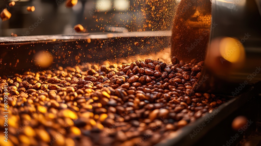 Roasting cocoa beans as they pass through a conveyor in a chocolate ...